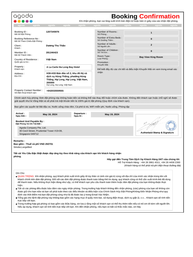 Confirmation For Booking ID # 1207345976 | PDF