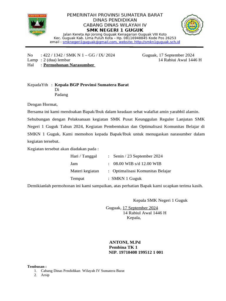 Permohonan Narasumber SMKN 1 Guguk | PDF