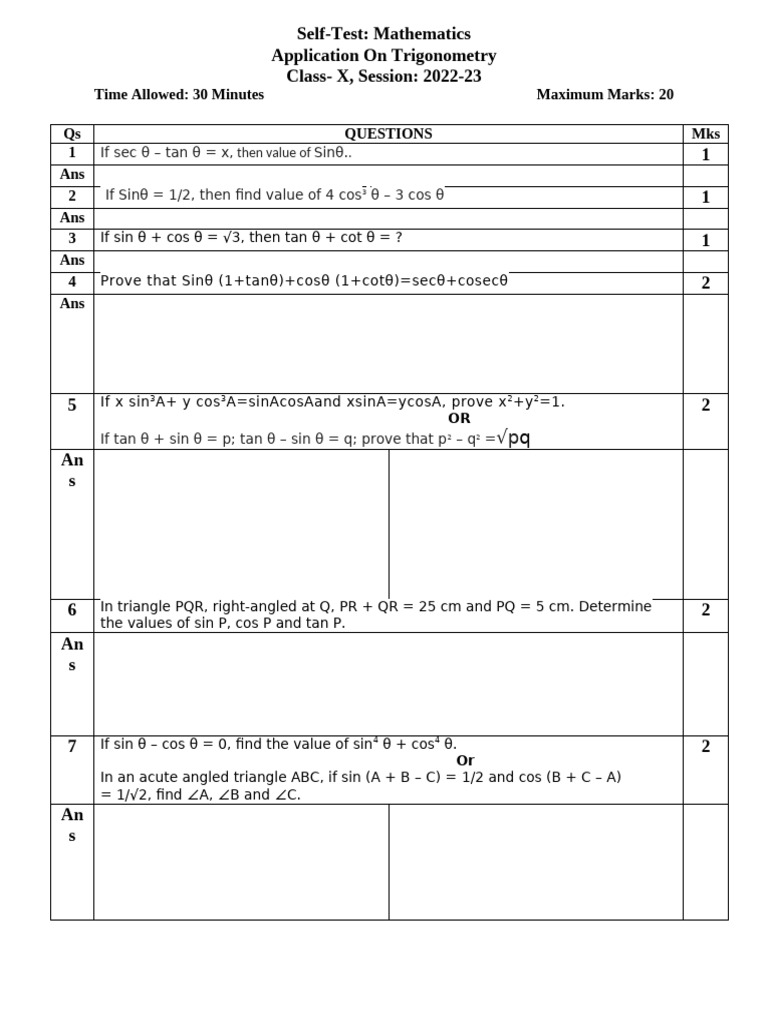 Self Test Intro On Trigonometry X | PDF