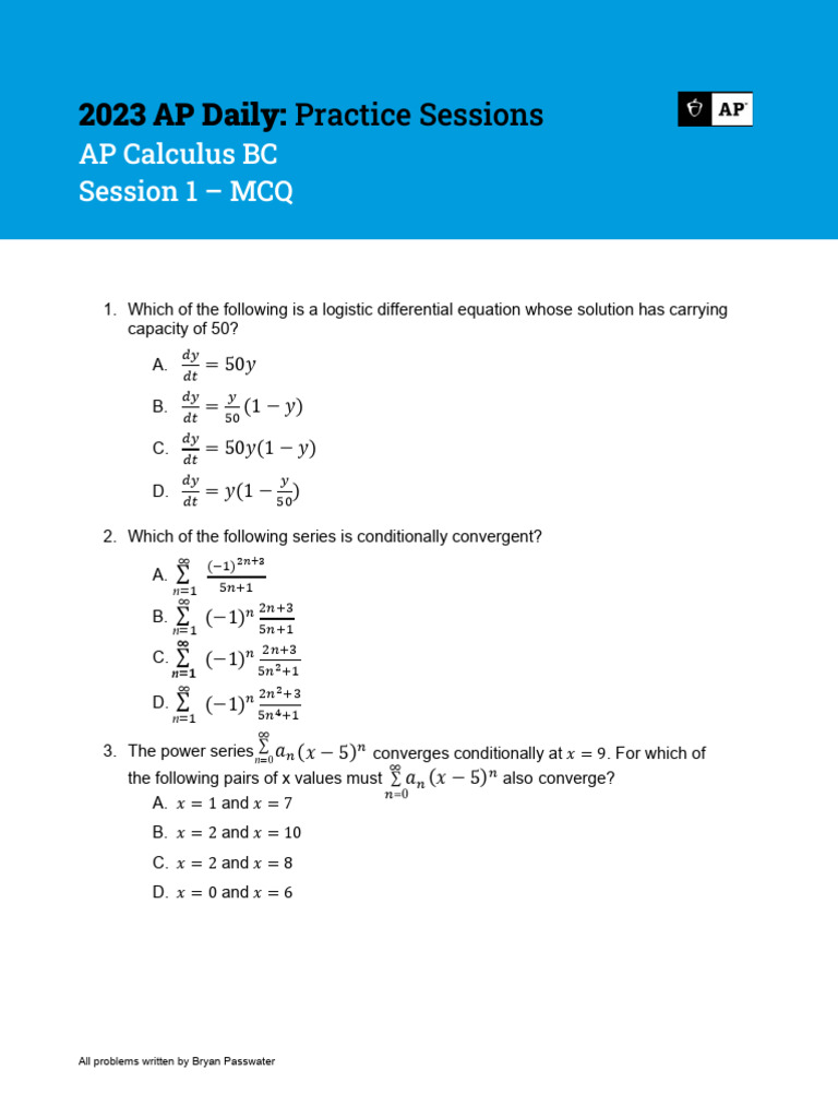 AP Calculus BC MCQ Practice 2023 | PDF