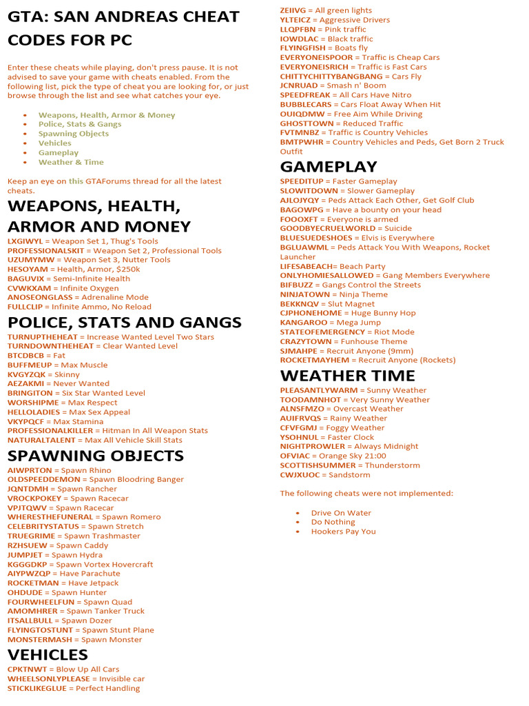 Toaz - Info Gta San Andreas Cheat Codes PC PR | PDF