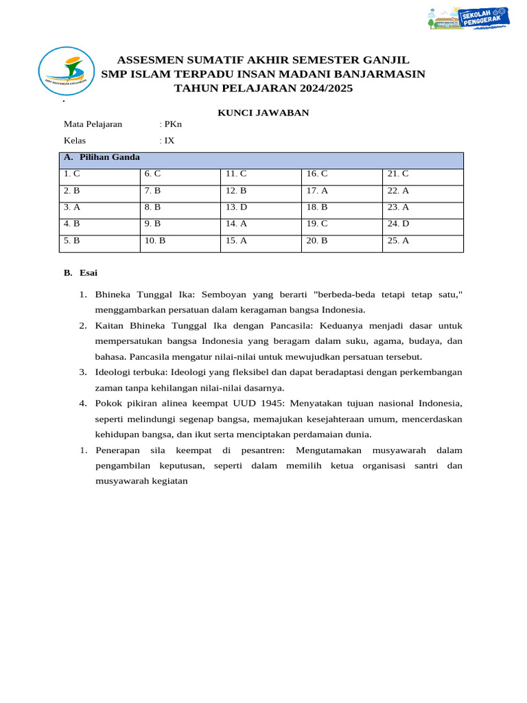 PAS - Jawaban PKN Kelas 9 | PDF
