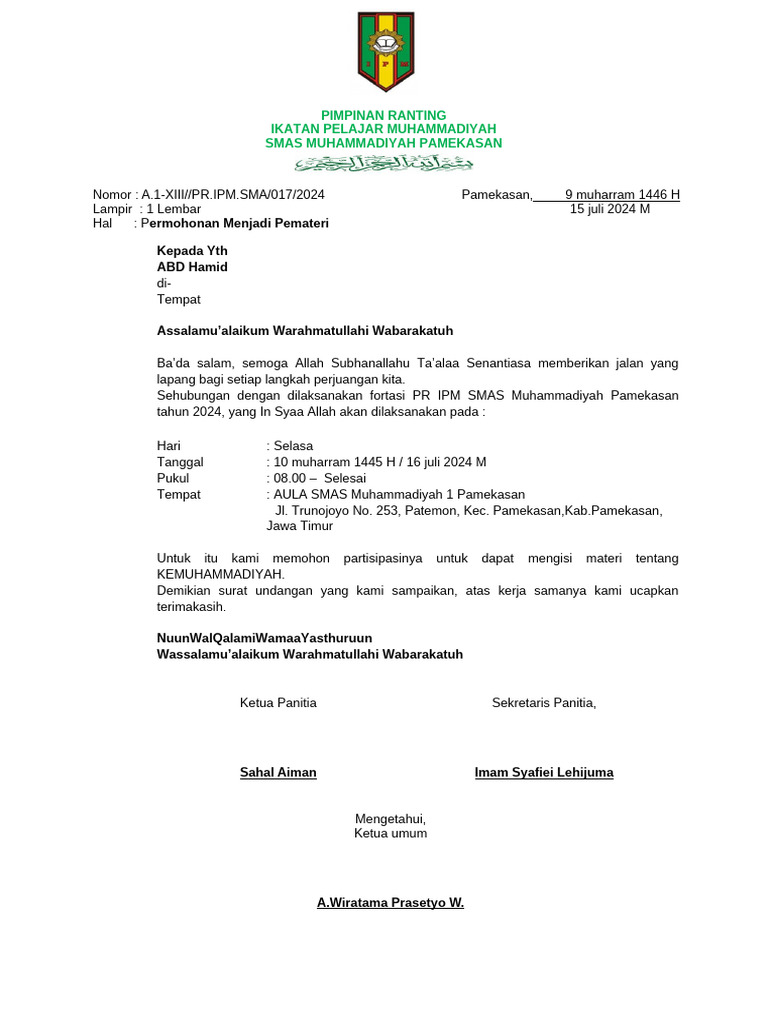 Permohonan Pemateri Fortasi IPM 2024 | PDF
