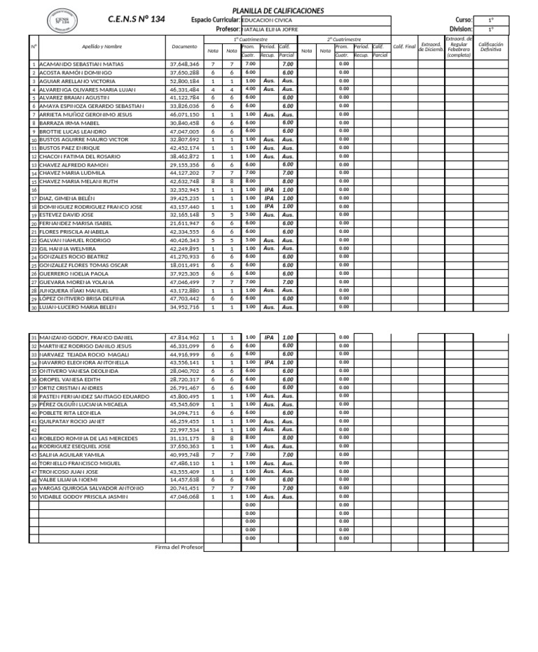 Planilla de Calificaciones 1°1° E.C. 2024-1 | PDF
