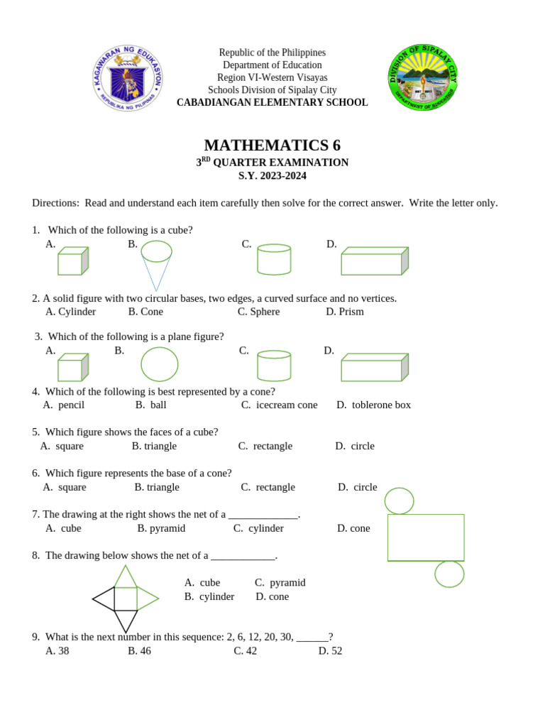 3rd Quarter Exam Math 6 22-23 | PDF | Area | Equations