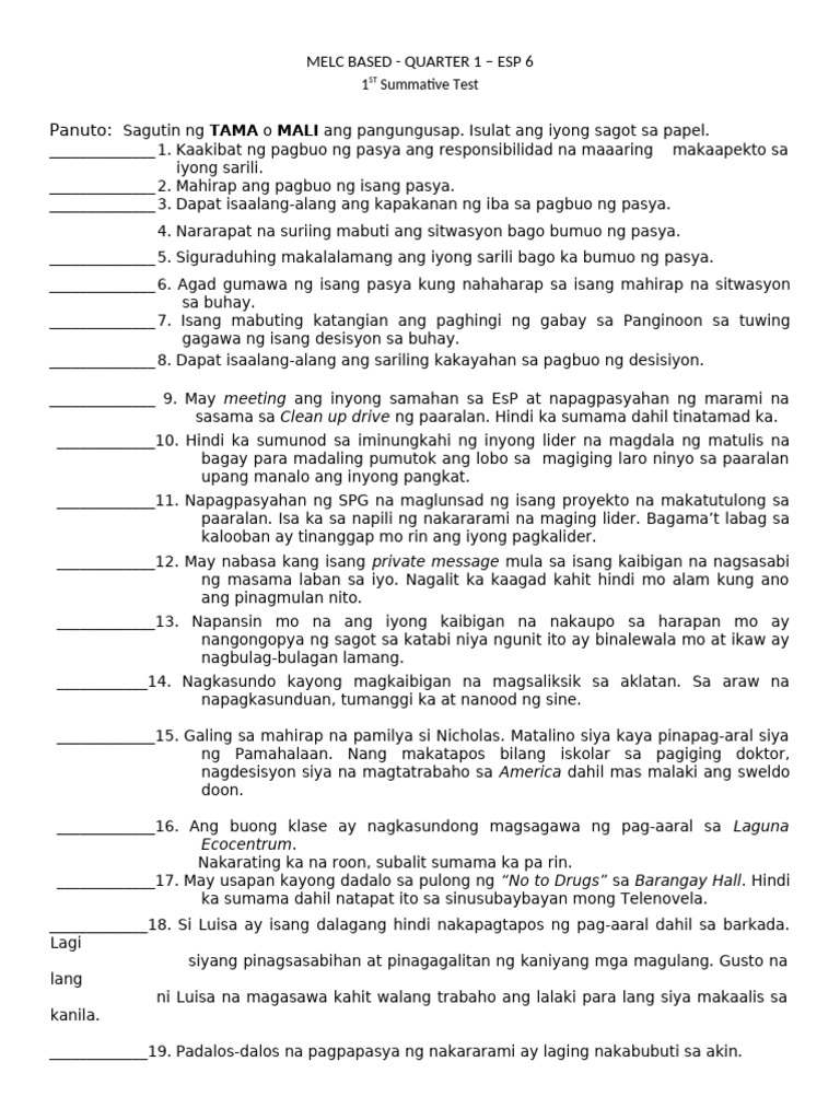 Melc Q1 Summative Esp 6 | PDF