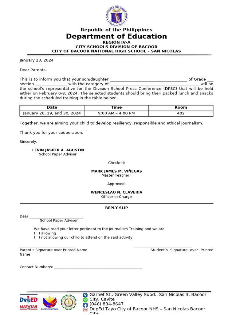 DPSC Training Notification for Parents | PDF