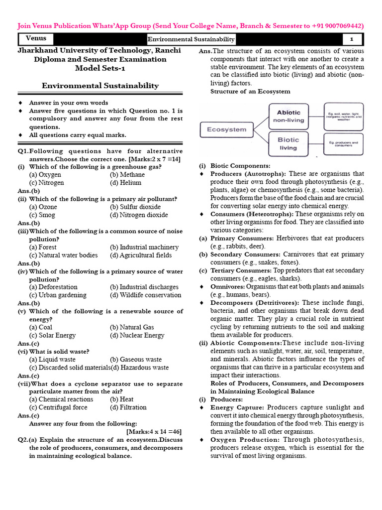 Environmental Sustainability Jharkhand 2nd Semester Model Set-1-1 | PDF ...