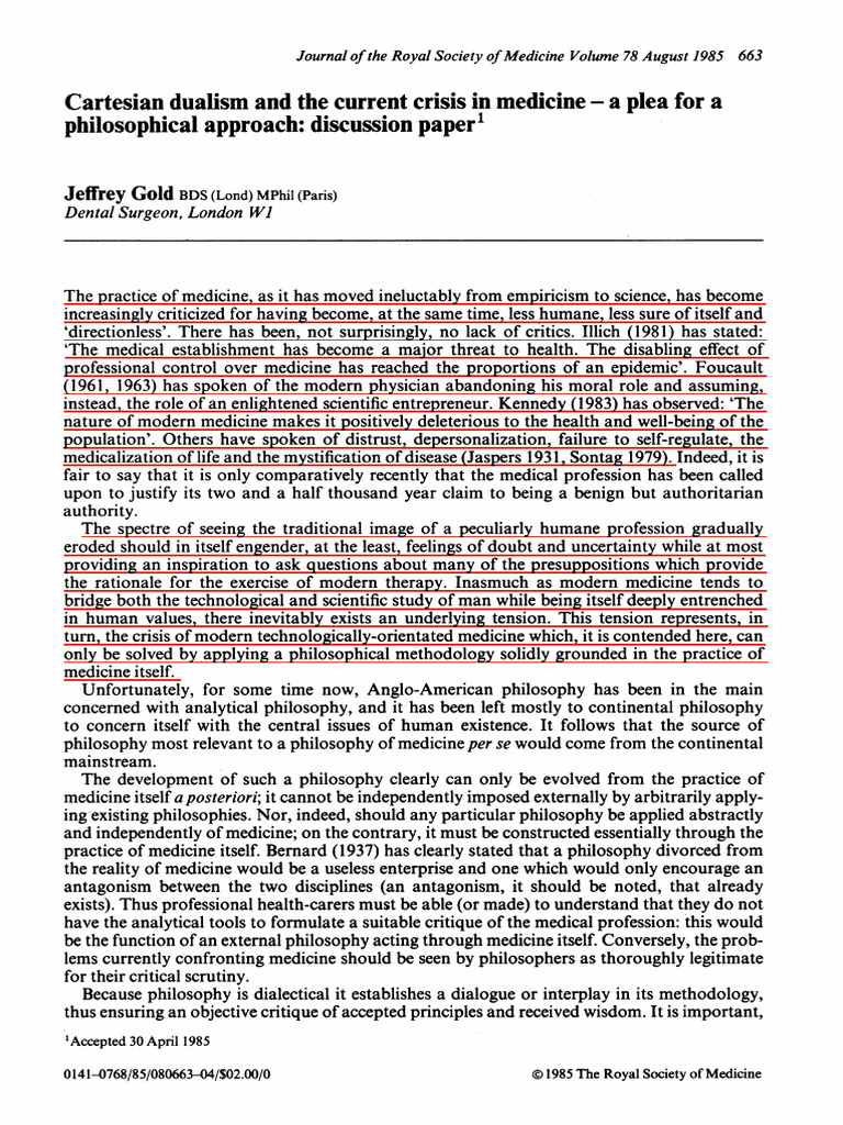 Jeffrey Gold - Cartesian Dualis Current Crisis in Medicine | PDF | René ...