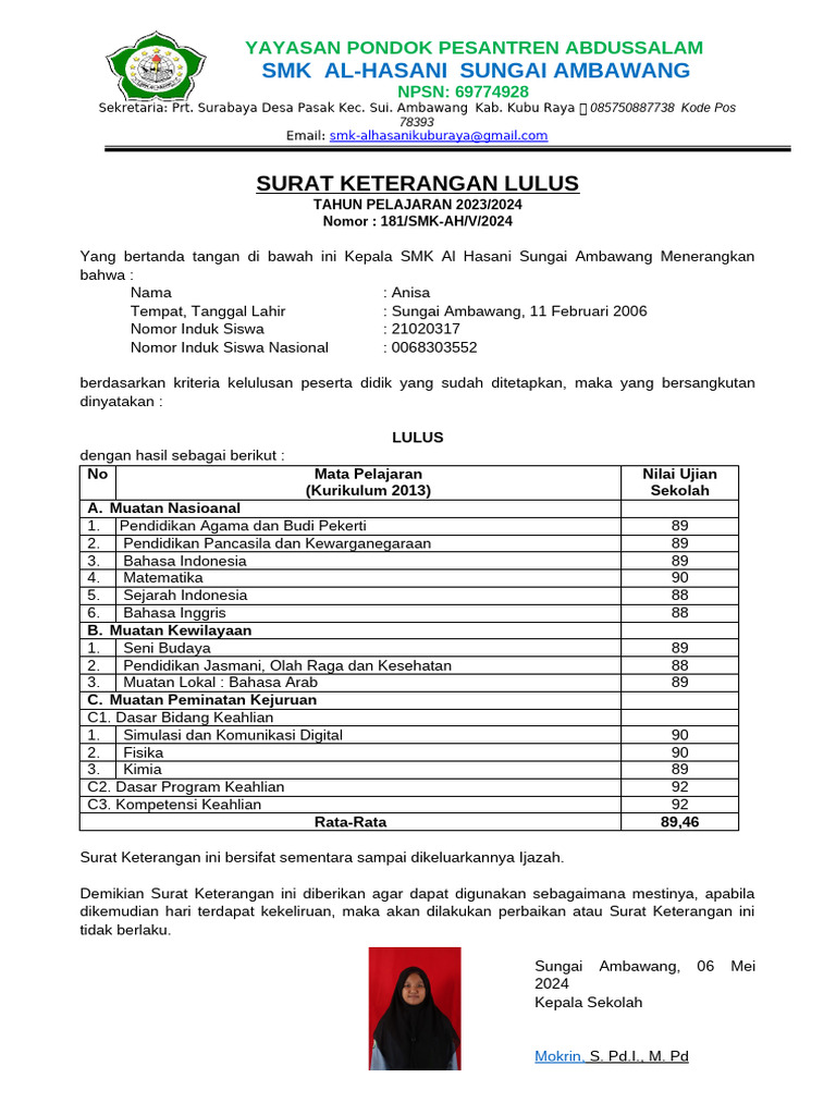 Surat Keterangan Lulus SMK 2024 | PDF