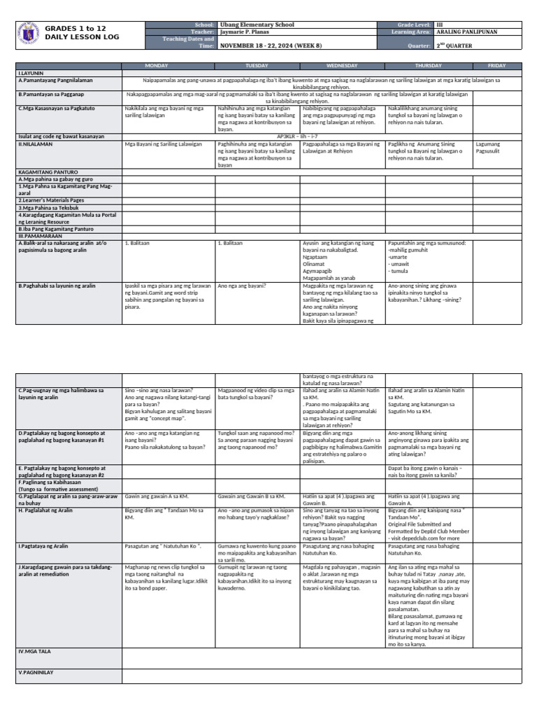 DLL - Araling Panlipunan 3 - Q2 - W8 | PDF