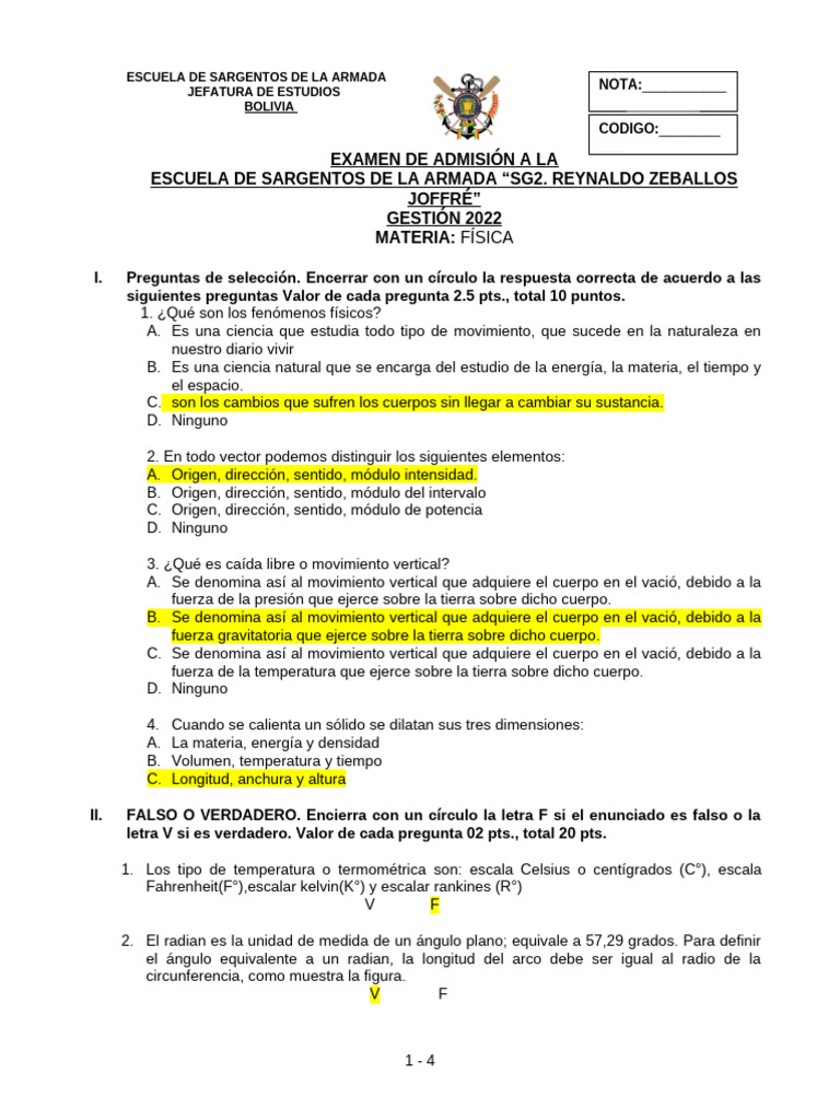 Examen de Admisión Física Armada 2022 | PDF | Celsius | Masa