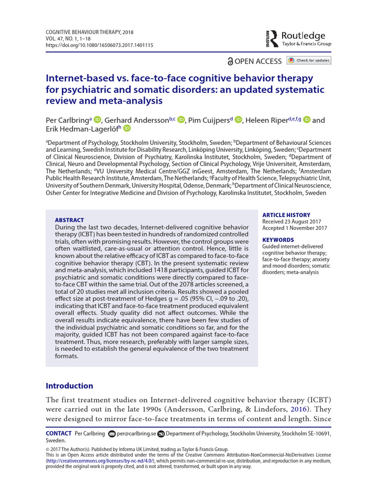 2018 Internet-Based vs. Face-To-Face Cognitive Behavior Therapy For Psychiatric and Somatic ...