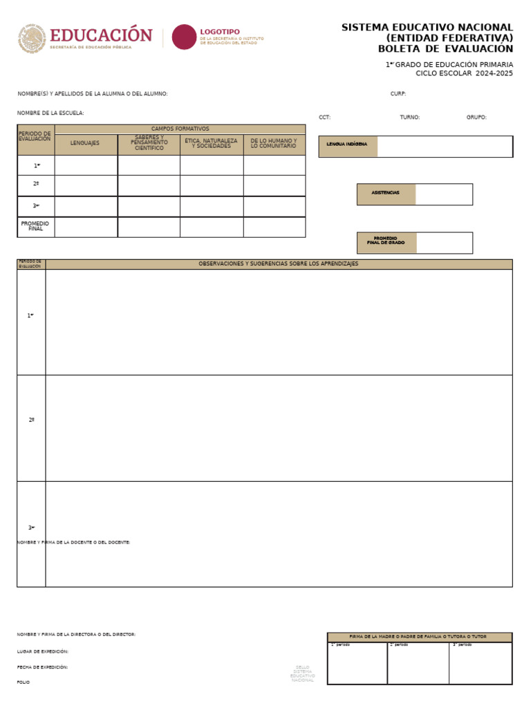 Boleta de Evaluación Primaria 2024-2025 | PDF | Maestros | Evaluación
