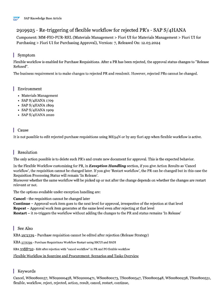Re Triggering Of Flexible Workflow For Rejected Prs Sap S4hana Pdf
