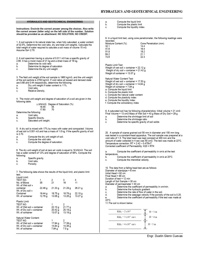 Problem Set - HYDRAULICS AND GEOTECHNICAL ENGINEERING | PDF | Pressure | Applied And ...
