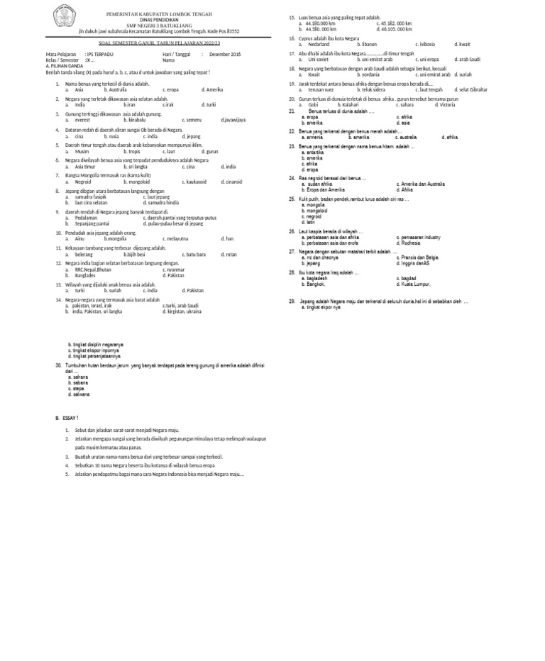 Soal Ips Semester Ganjil KLS Ix | PDF
