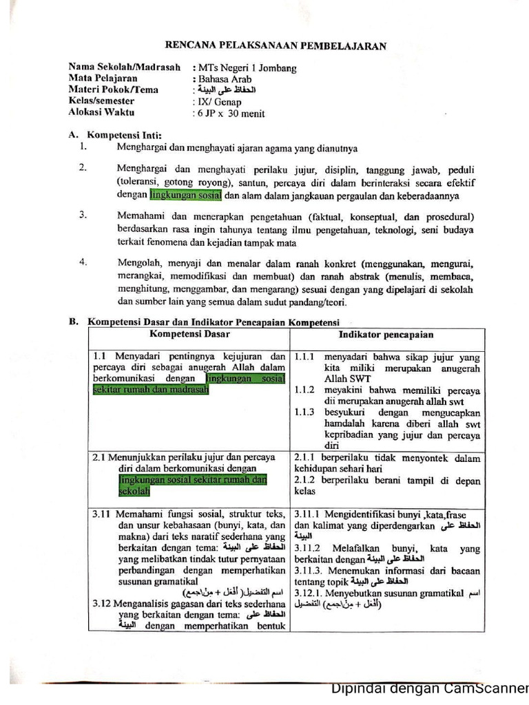 RPP Bahasa Arab Kelas 9 - KEBERSIHAN, FUNGSI SANITASI DAN DRAINASE - Suliyah | PDF