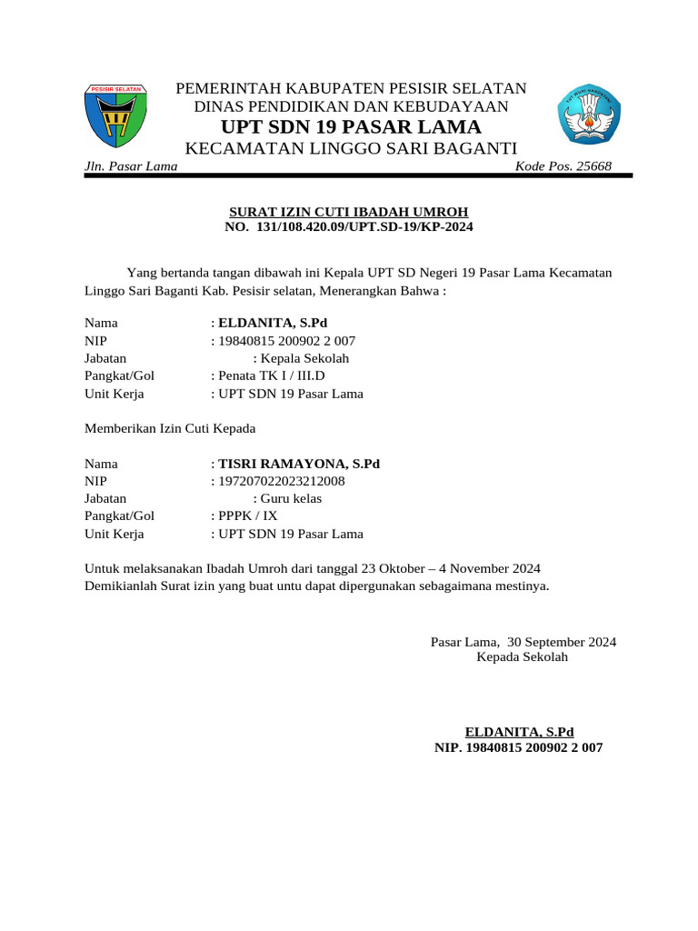 Surat Izin Cuti Umroh Guru | PDF