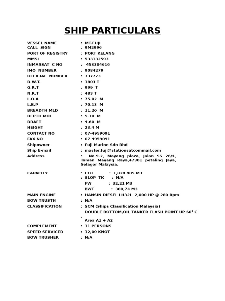 Ship Particulars MT - Fuji | PDF