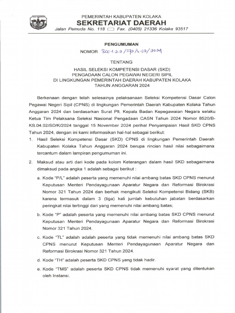 Pengumuman Hasil SKD Cpns Pemkab. Kolaka Tahun 2024 | PDF
