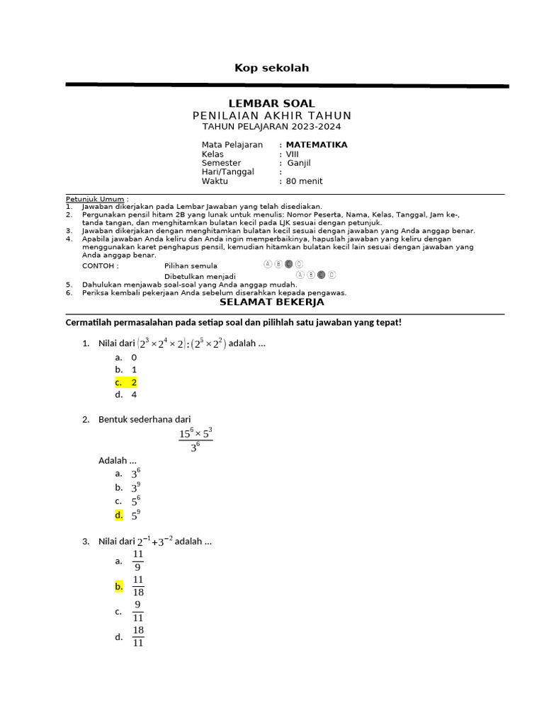 Soal PAT Ganjil Kelas 8 2324 | PDF