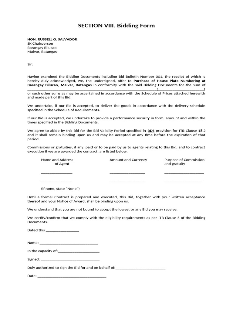 SECTION VIII Bidding Form House Numbering | PDF