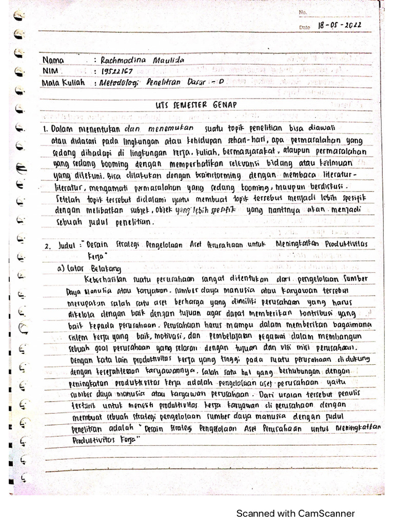 Uts Metodologi Penelitian Dasar - Rachmadina Maulida - 19522167 | PDF