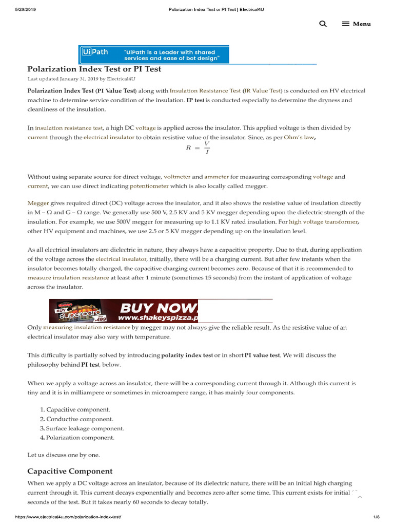Polarization Index Test or PI Test - Electrical4U | PDF