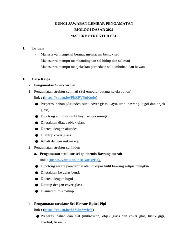 2s2. Kunci Jawaban Laporan - Struktur Sel - Biodas 2021 | PDF