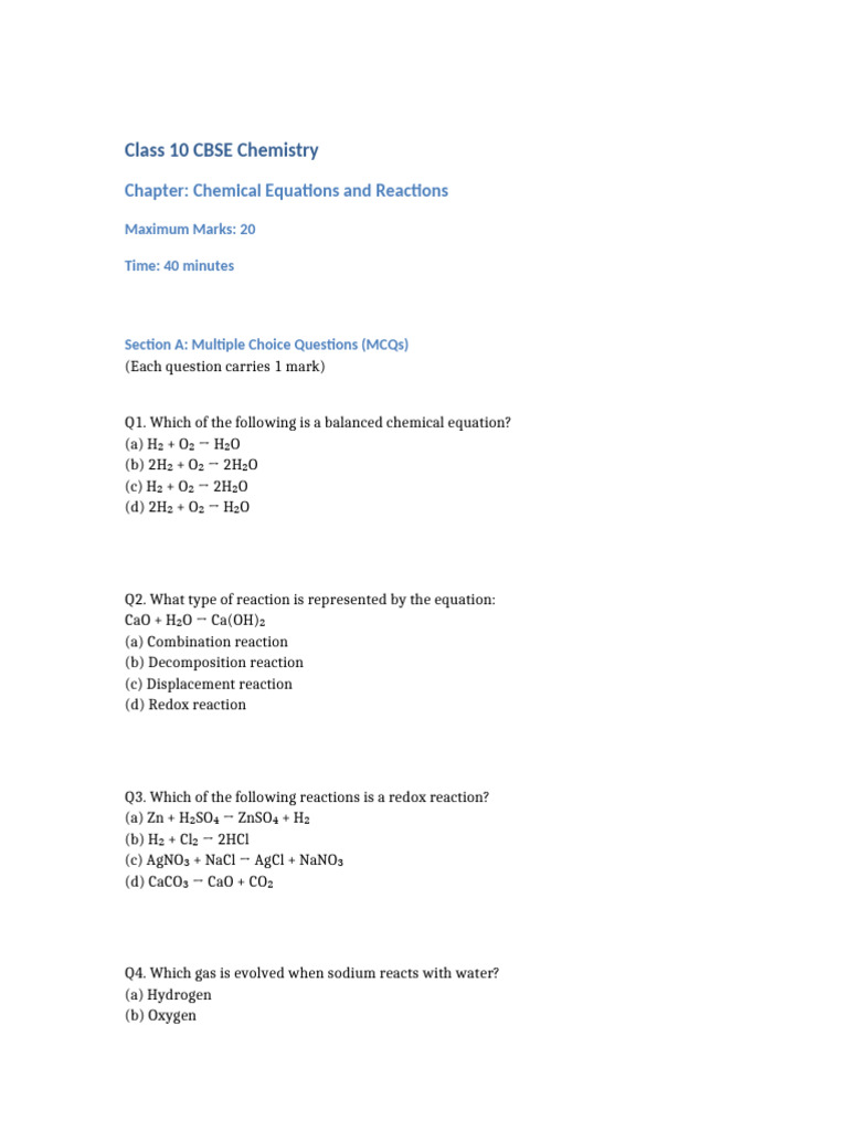 Class 10 Chemistry Question Paper | PDF