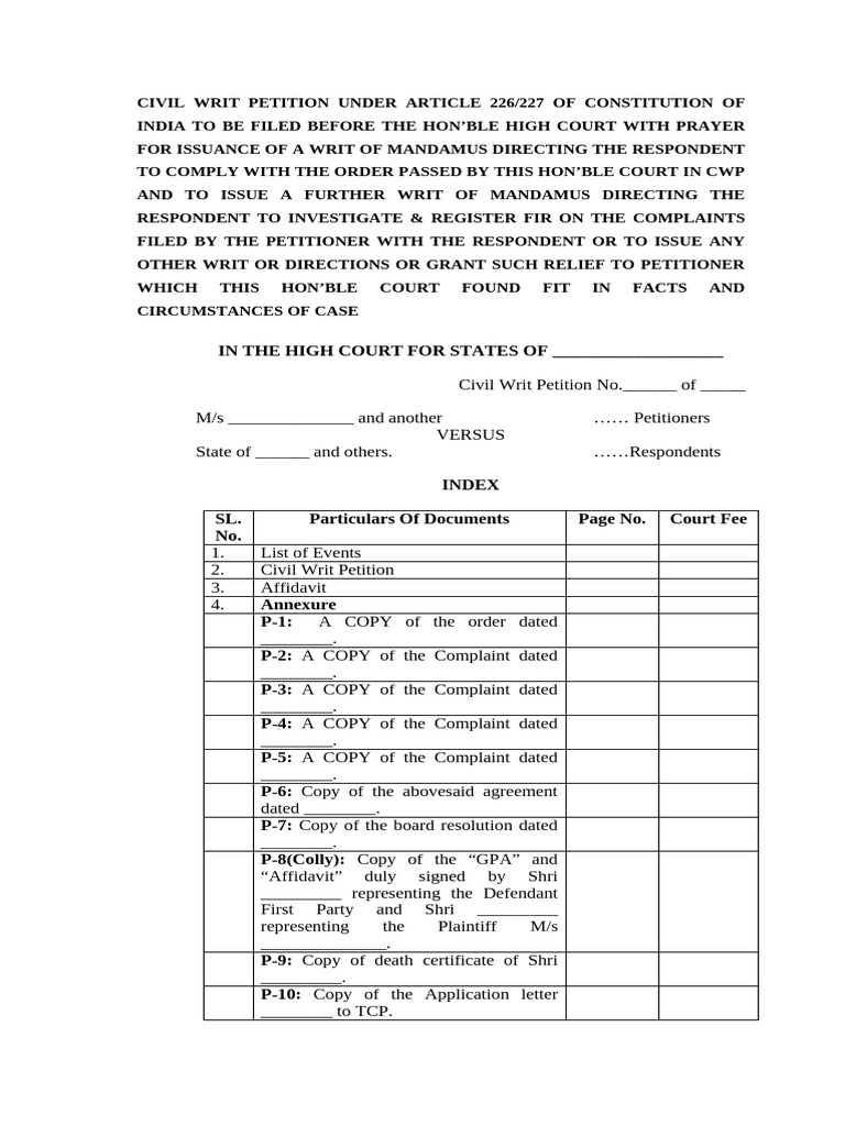 01 Court Cast Writ Petition Format Free3 | PDF | Complaint | Writ