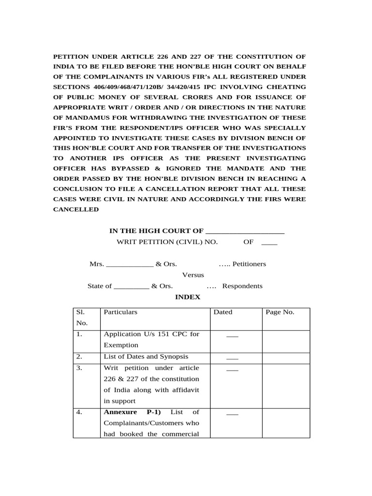 01 Court Cast Writ Petition Format Free1 | PDF | Writ | Mandamus