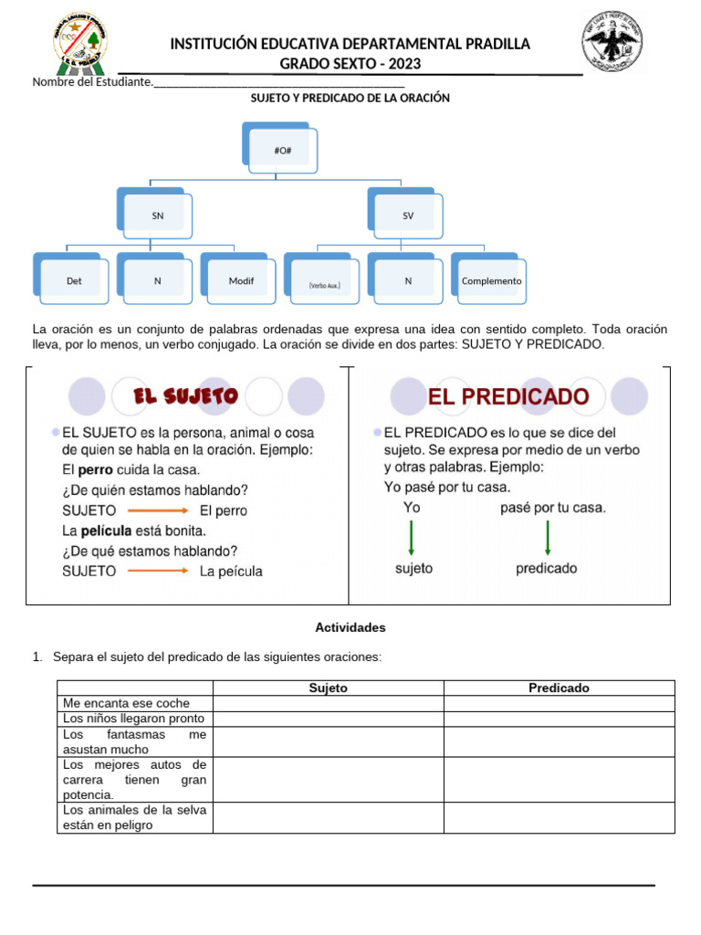 Grado 0605 - Guía #4 - Sujeto y Predicado de La Oración | PDF ...
