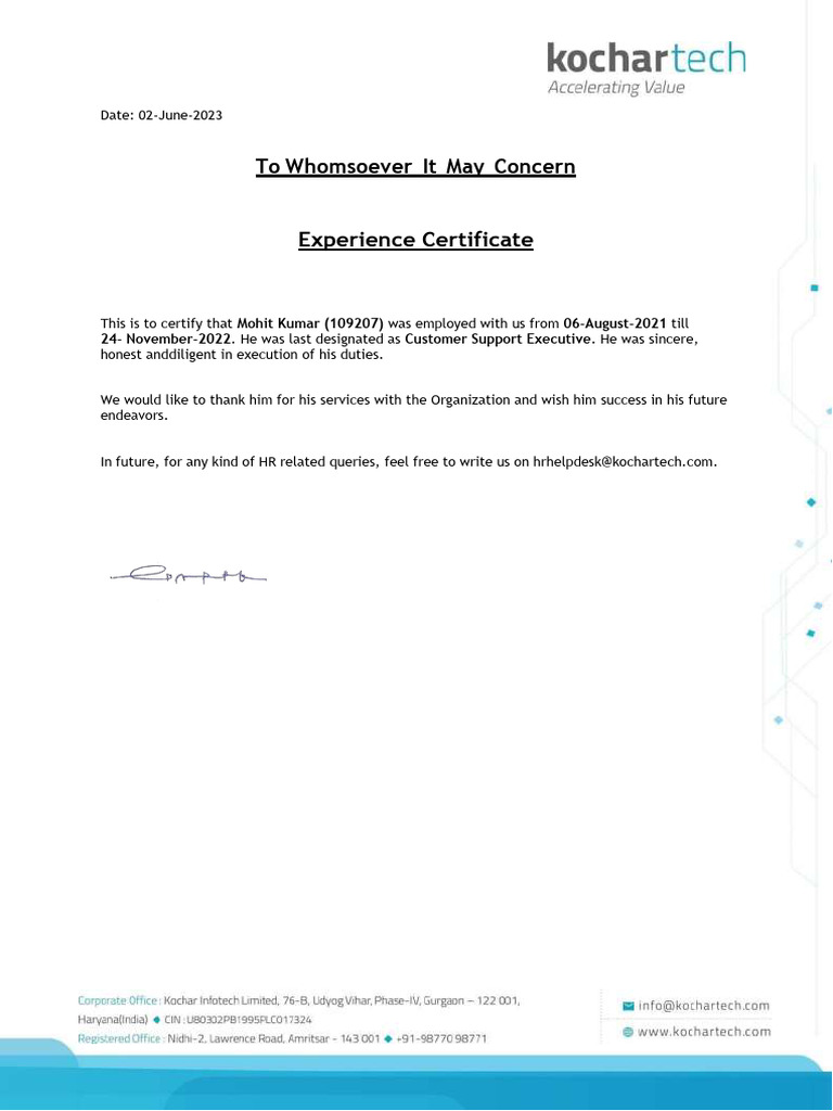 Mohit Experience Letter | PDF