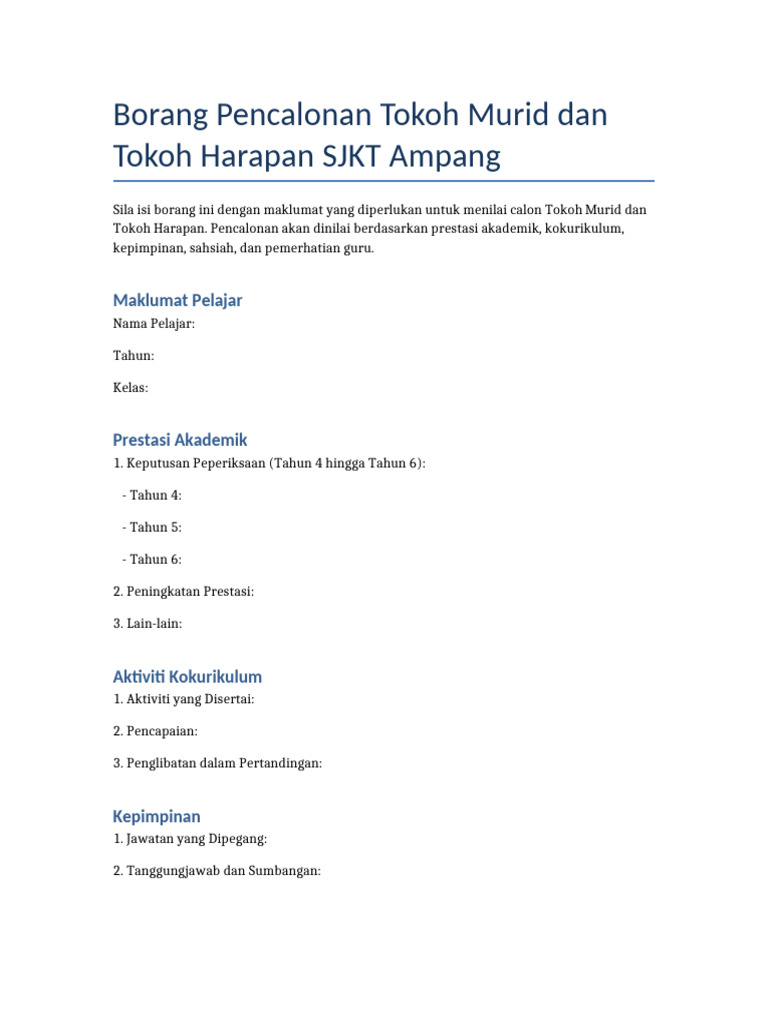 Borang Pencalonan Tokoh Murid Tokoh Harapan | PDF