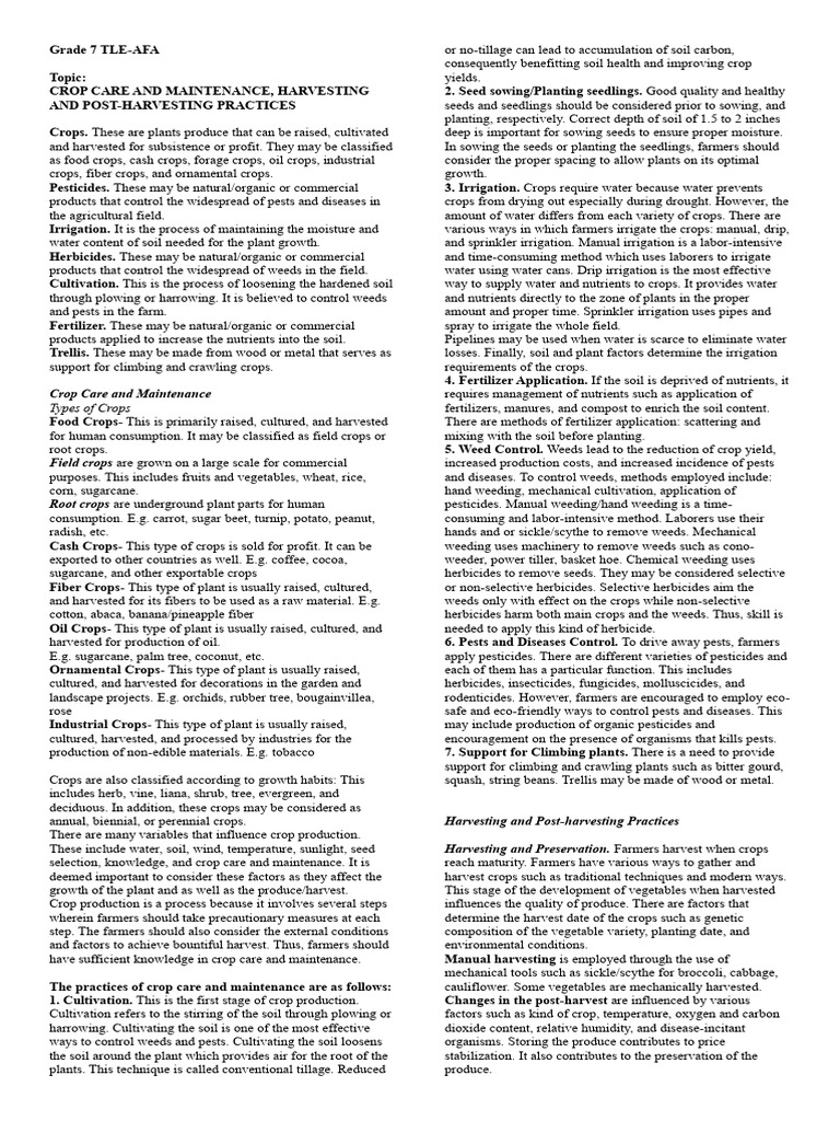 Crop Care and Maintenance for Grade 7 | PDF | Agriculture | Vegetables