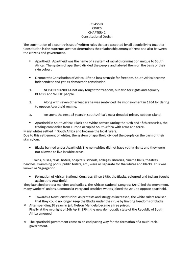 CLASS IX Civics Chapter 2 | PDF | Apartheid | African National Congress