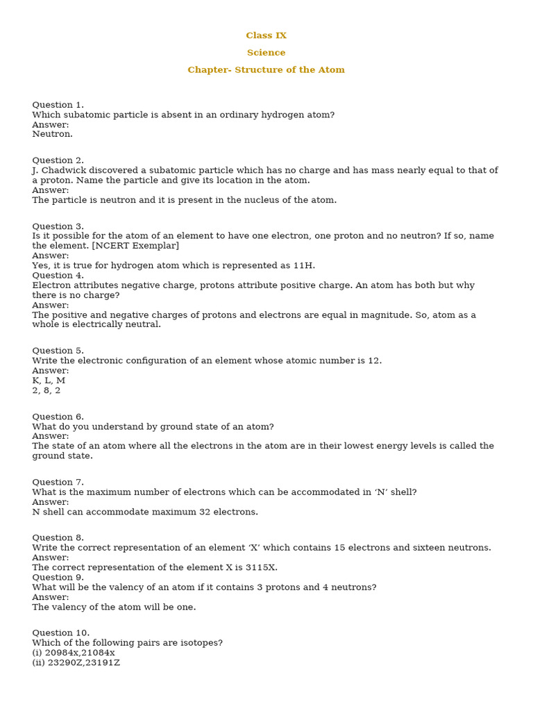 Class IX Science Structre of The Atom | PDF | Atoms | Proton