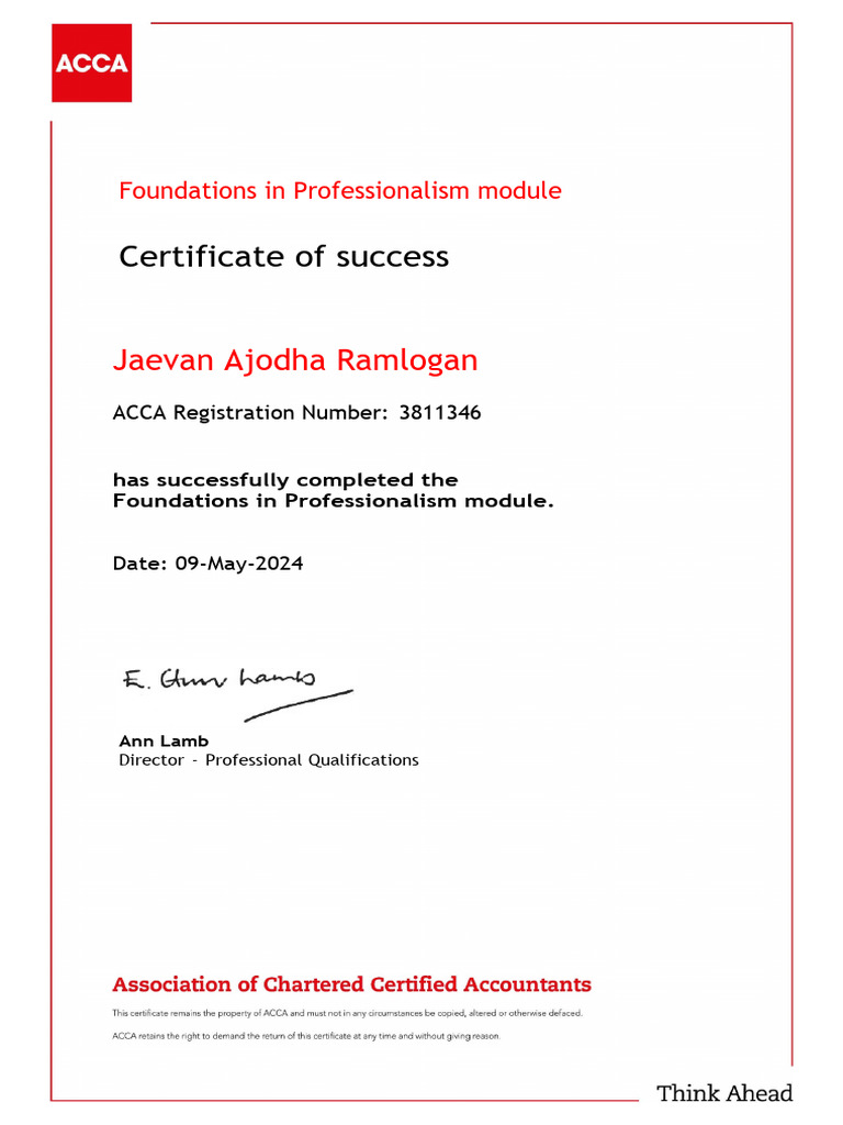 ACCA Professionalism Module Completion | PDF