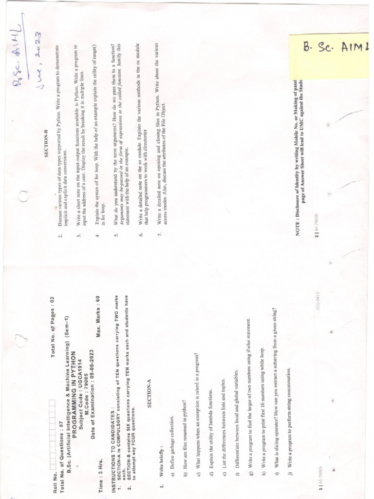 B.sc. AIML Question Paper | PDF