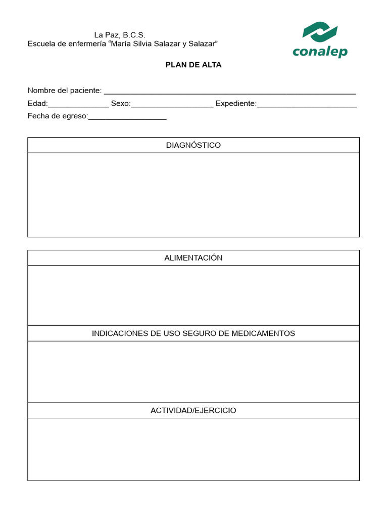 Plan de Alta | PDF | Ciencias de la Salud | Especialidades Medicas