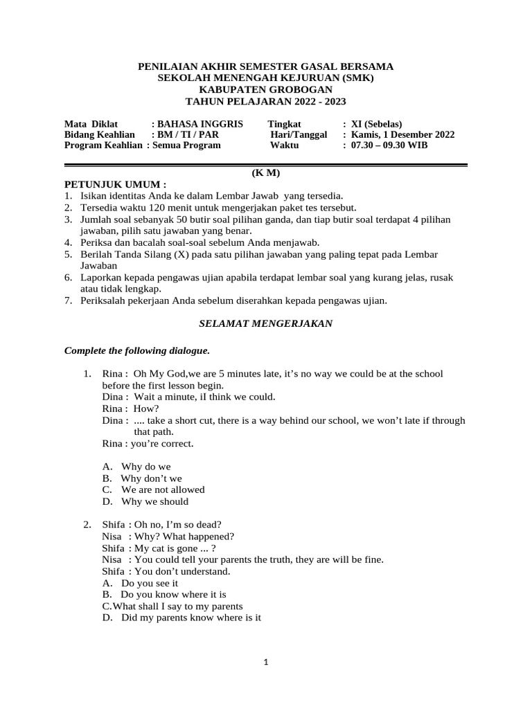 SOAL B-ING PAS GSL XI KM 2022-2023 | PDF | Laser | Compact Disc