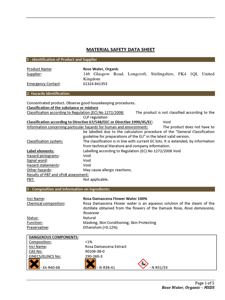 Organic Rose Water MSDS Guide | PDF | Chemistry | Occupational Safety ...