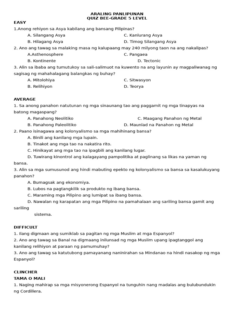 Araling Panlipunan - Quiz Bee | PDF