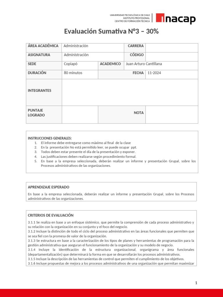 Rúbrica EV U3 Admnistración 2do Sem 2024 | PDF | Business | Planificación