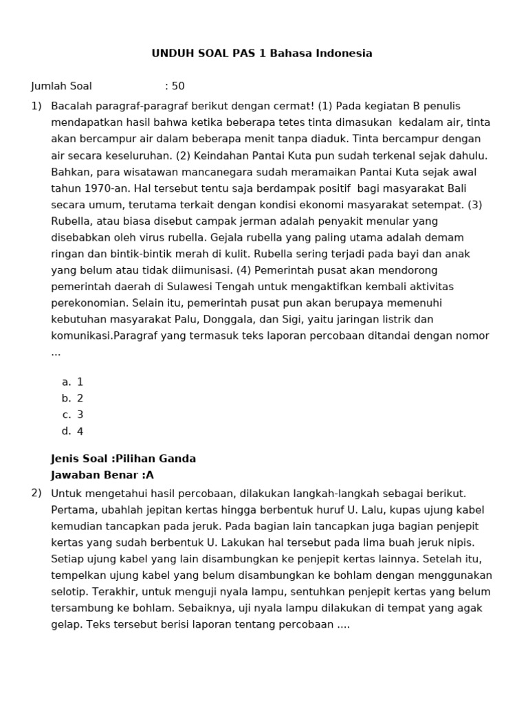 Soal PAS 1 Bahasa Indonesia | PDF | Sains & Matematika