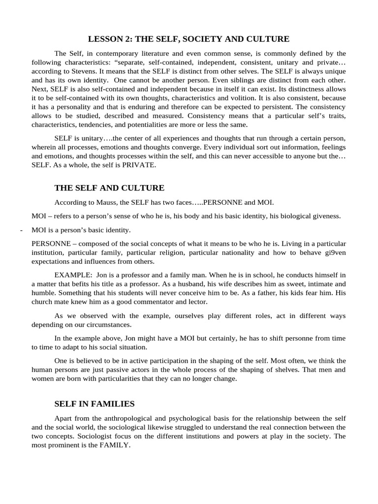 Lesson 2-The Self, Society and Culture | PDF | Self | Identity (Social Science)