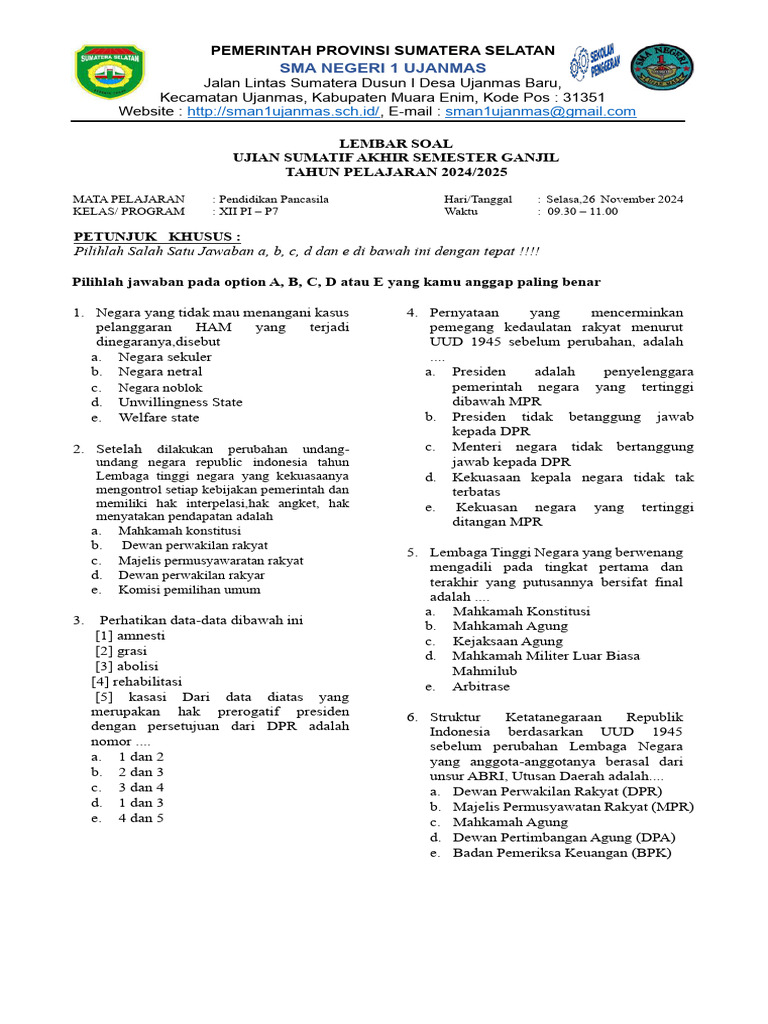 Soal PPKN Kelas Xii SMT Genap 2024-2025 | PDF