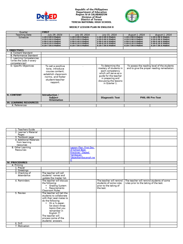 Eng8-WLP-Week-1- | PDF | Teachers | Lesson Plan
